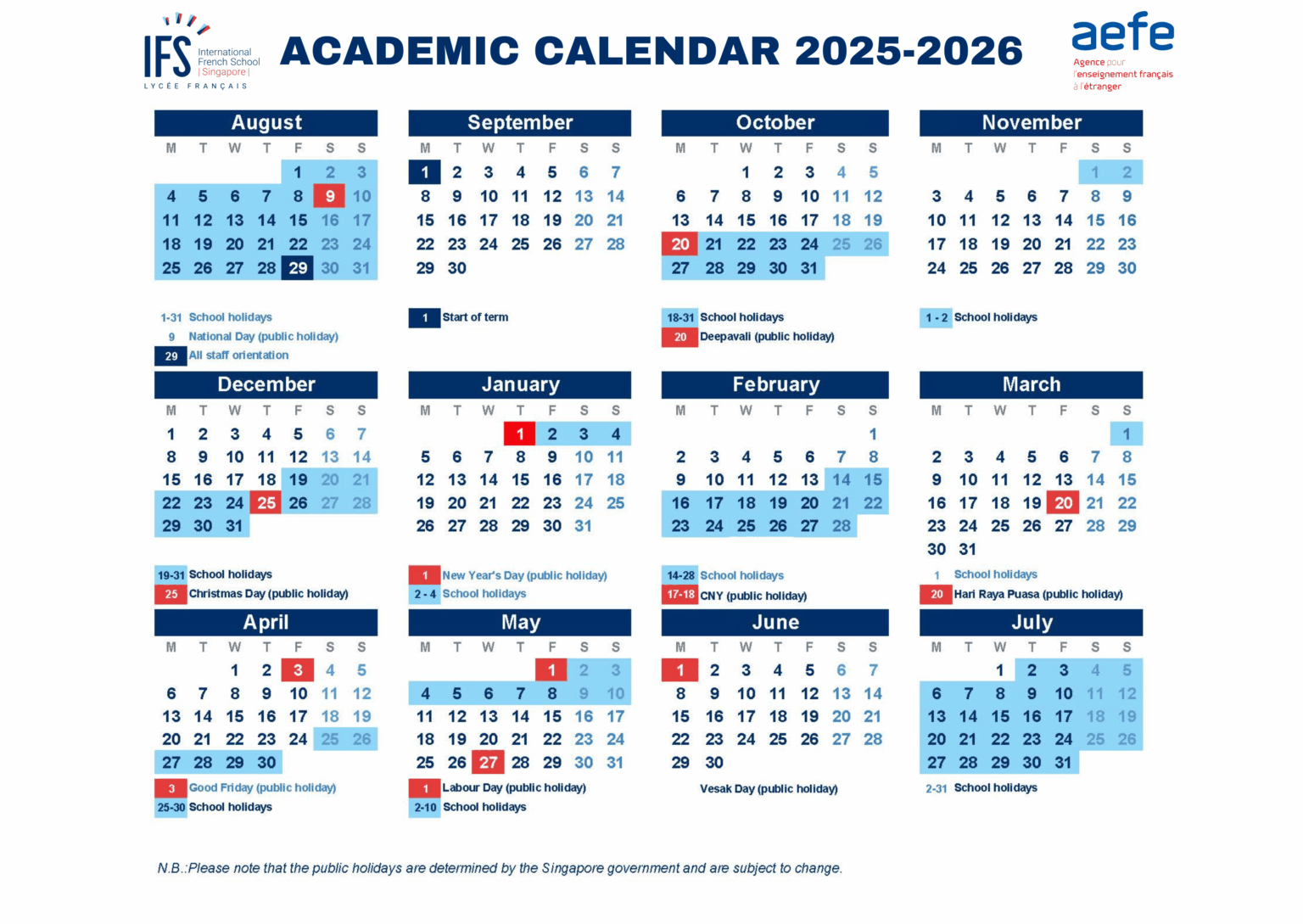 Academic Calendar - IFS - International French School - Singapore